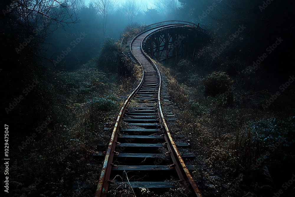 Abandoned train tracks disappearing into a dark and mysterious forest ...