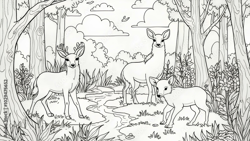 Peaceful Forest Scene Coloring Page with Deer, Rabbit, Bird, and Fox ...