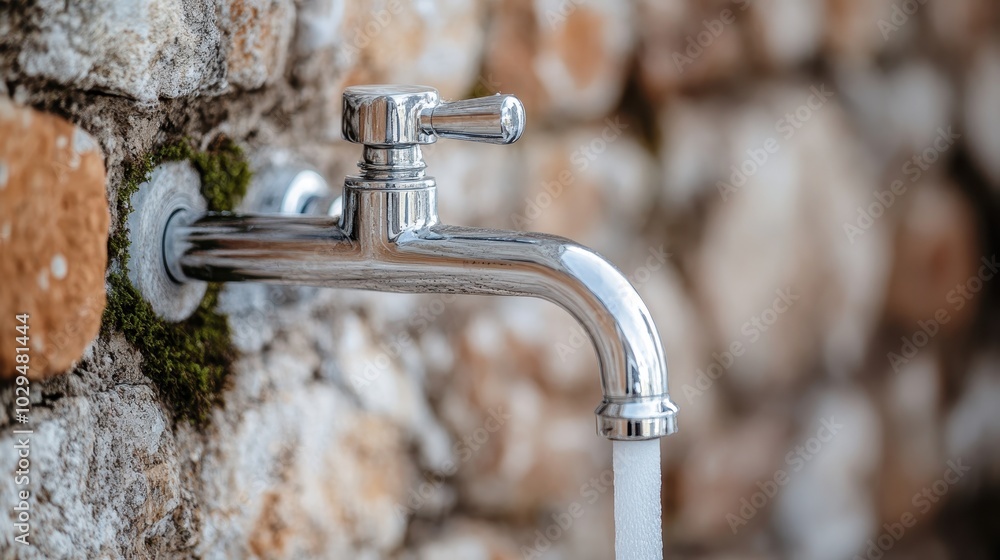 A chrome faucet outdoors drips water against a rustic stone wall ...