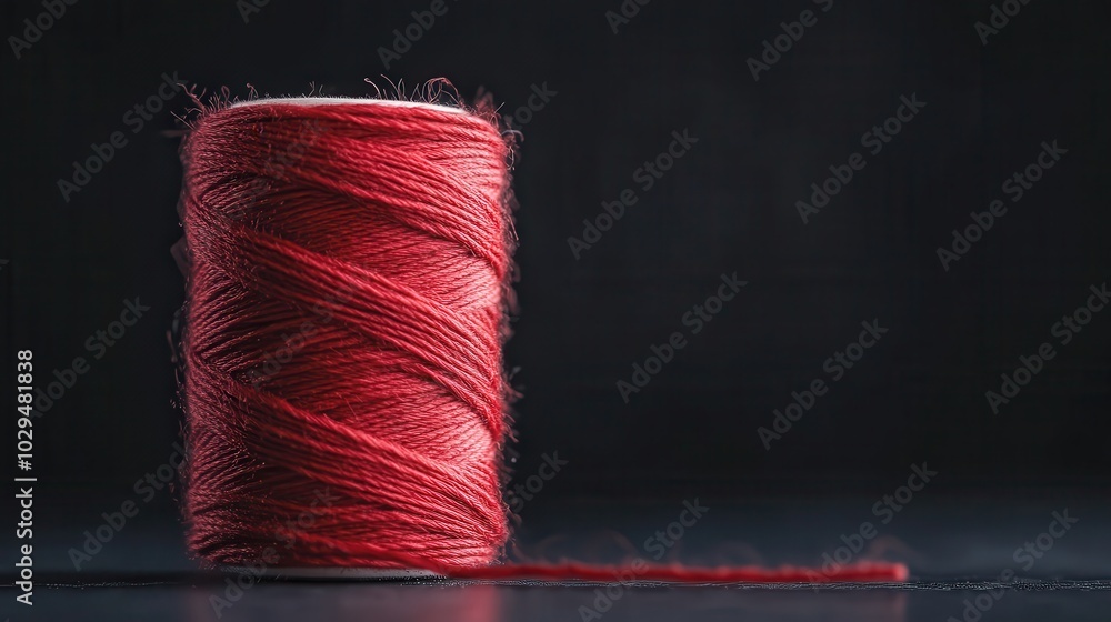 A minimalist portrayal of a spool of red thread resting on a dark ...