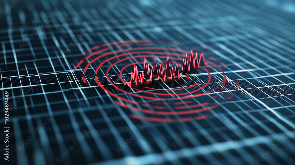 3D graph displaying red seismic waves on a grid, representing ...