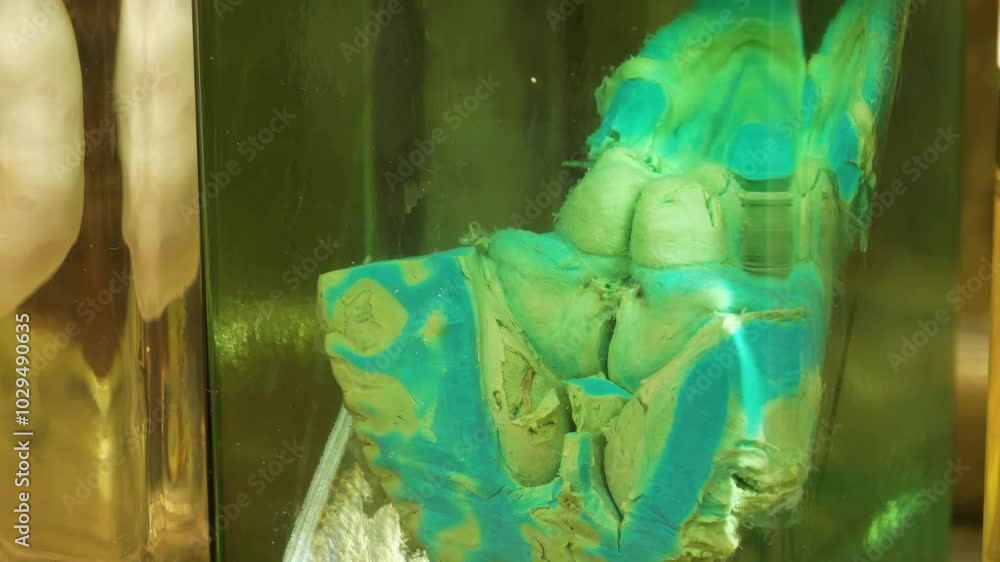 Blue cow brain in a flask. Cattle brain. Anatomy of brain, convolutions ...