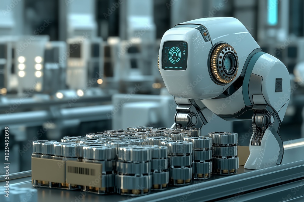 Fotografía Futuristic automation on a manufacturing production line ...