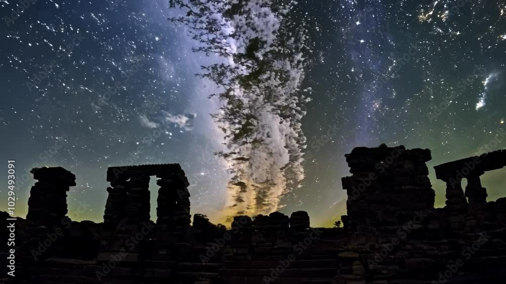 Ancient mayan ruins stand out against the night sky with the milky way ...
