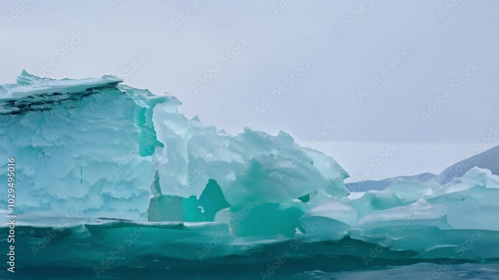 Turquoise blue iceberg floating in the ocean with a dramatic sky in the ...