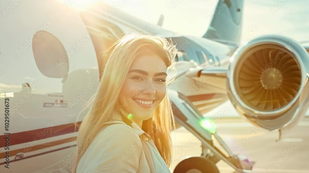 A woman is smiling and posing in front of a jet engine. Concept of ...