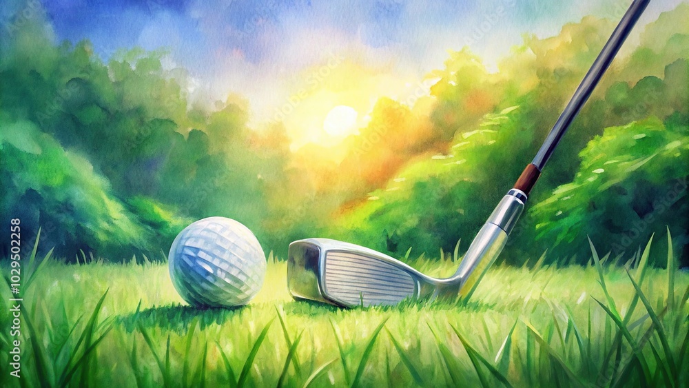 Watercolor painting of golf ball and club on lush green grass capturing ...