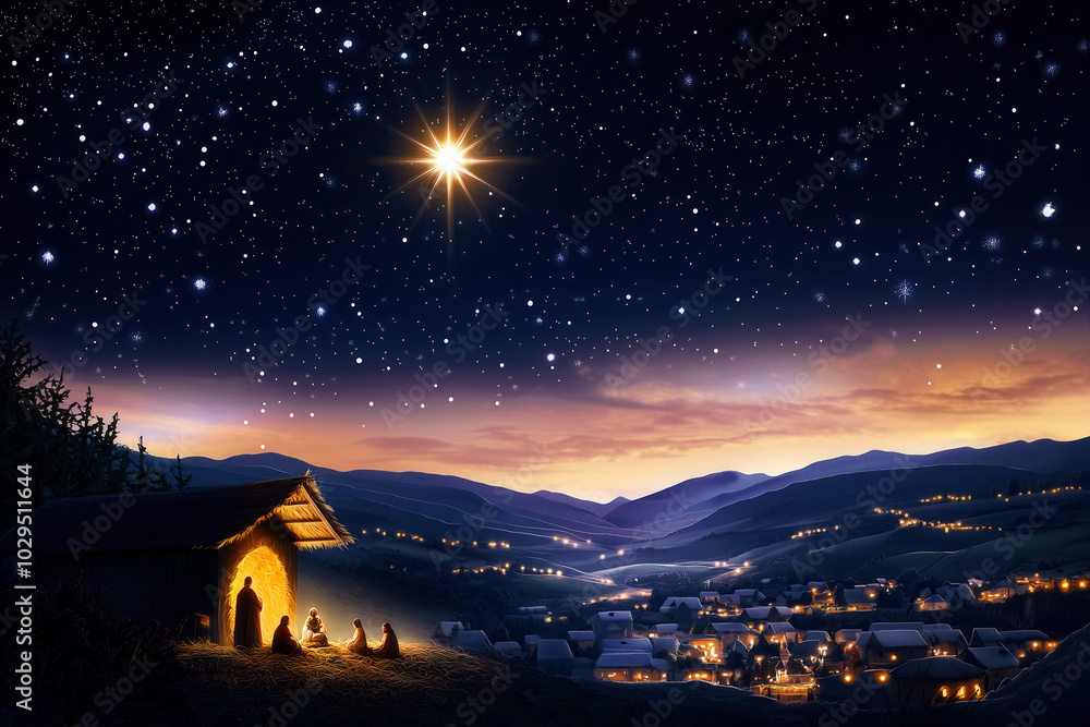 Wooden Stable at Dark Blue Starry Night, Jesus Christ Birth Conceptm ...