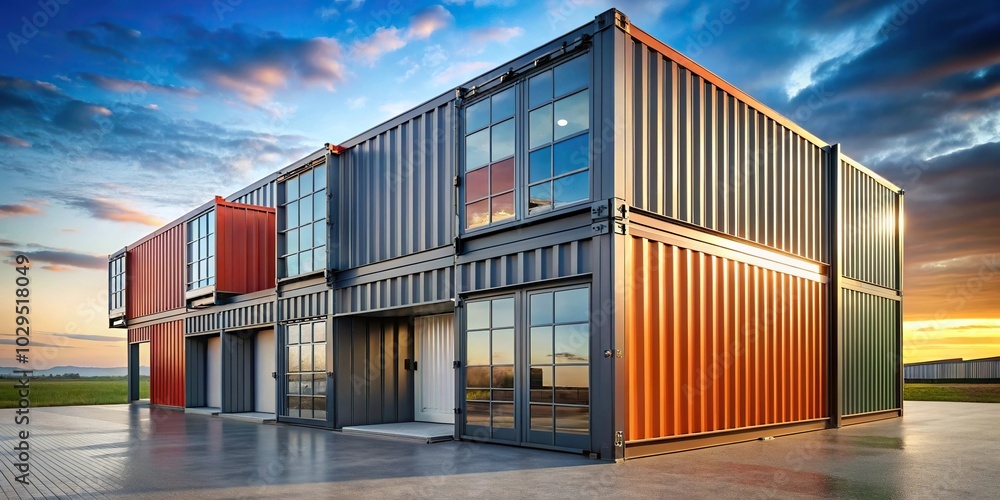 Modern metal building constructed from shipping containers appears ...