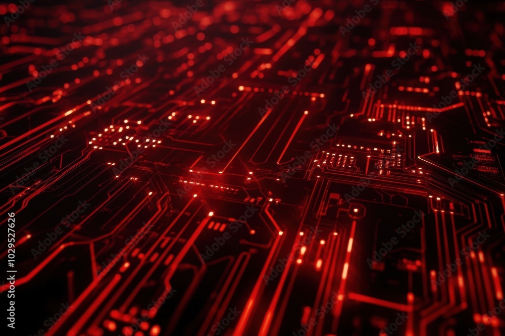 Red circuit board pattern, black background, red light effect circuit ...
