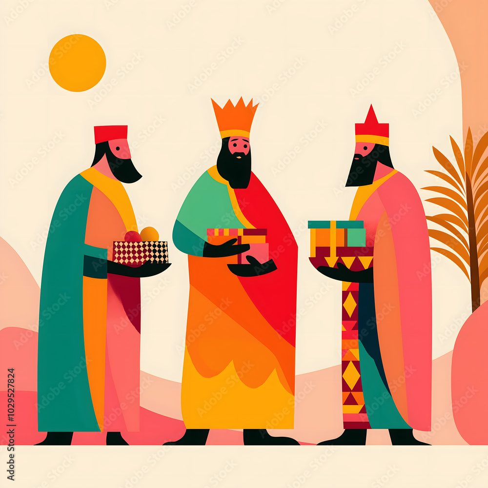 Minimalist and colorful illustration of the Three Wise Men presenting ...