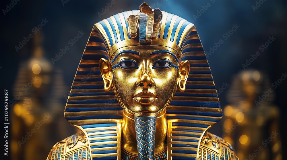 Golden mask of King Tutankhamun, representing ancient Egyptian royalty ...