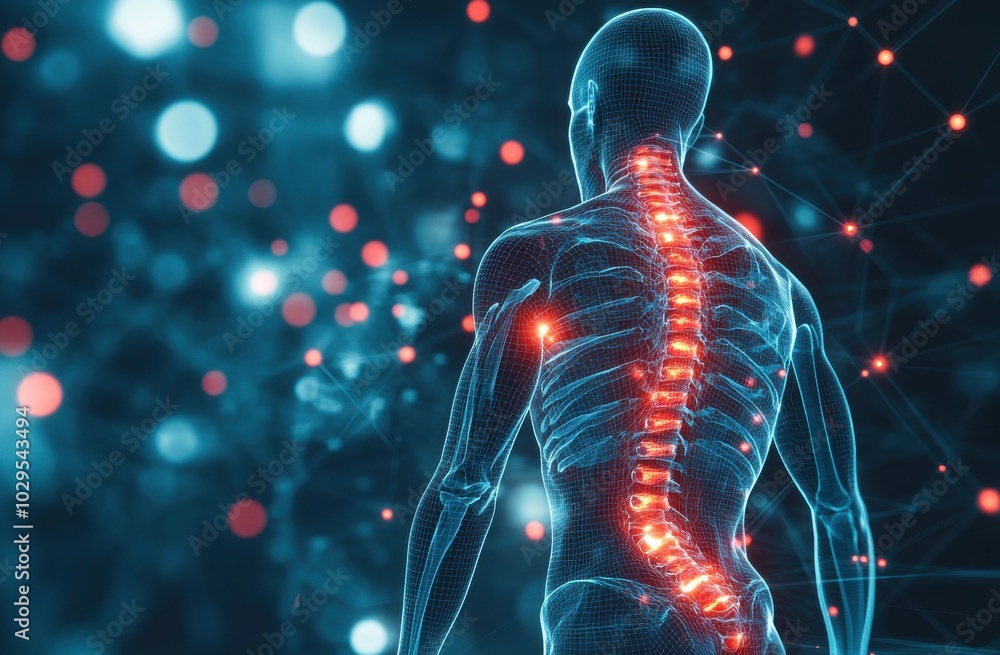 X-ray visualization of a human body highlighting the glowing spinal ...