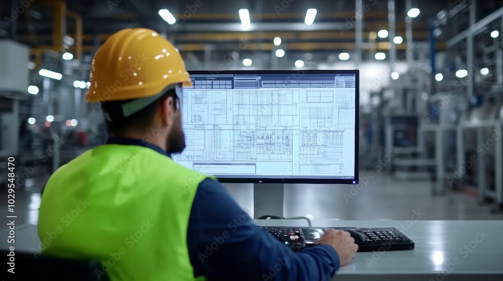 Engineering project overview: An engineer interacts with detailed ...