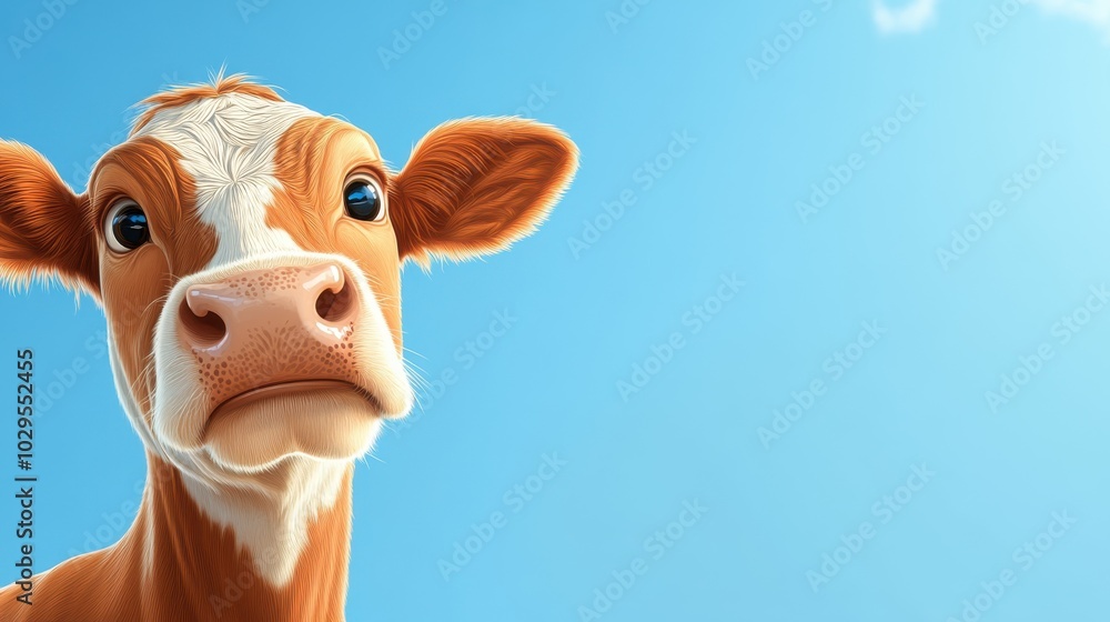 Featuring an alert cartoon cow against a vivid blue sky, this image ...