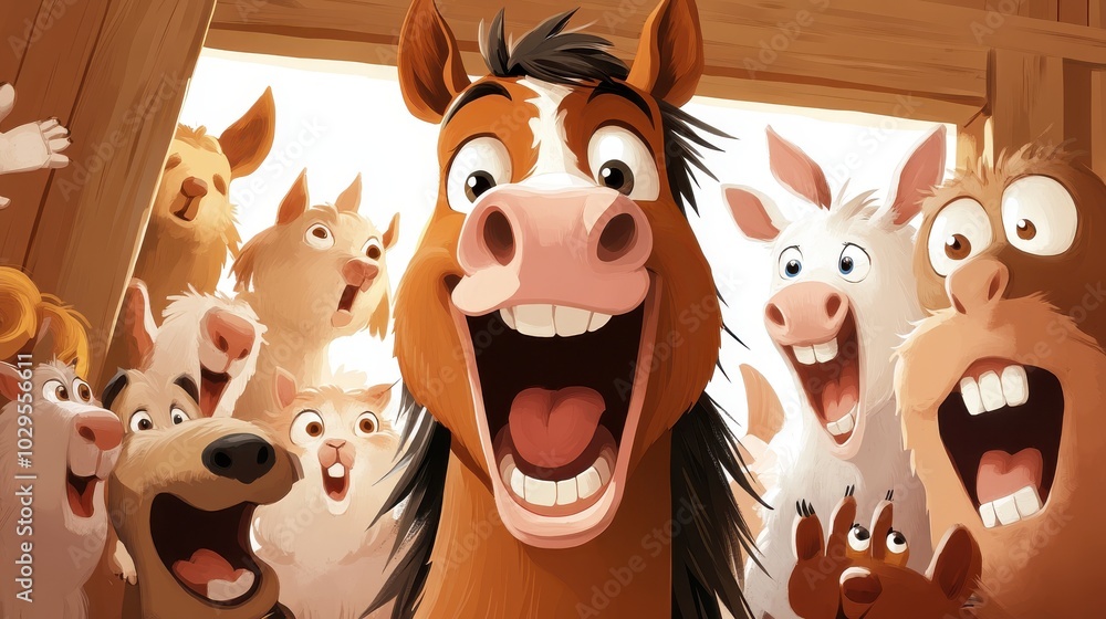 A cartoon scene of a happy horse surrounded by cheerful barn animals ...
