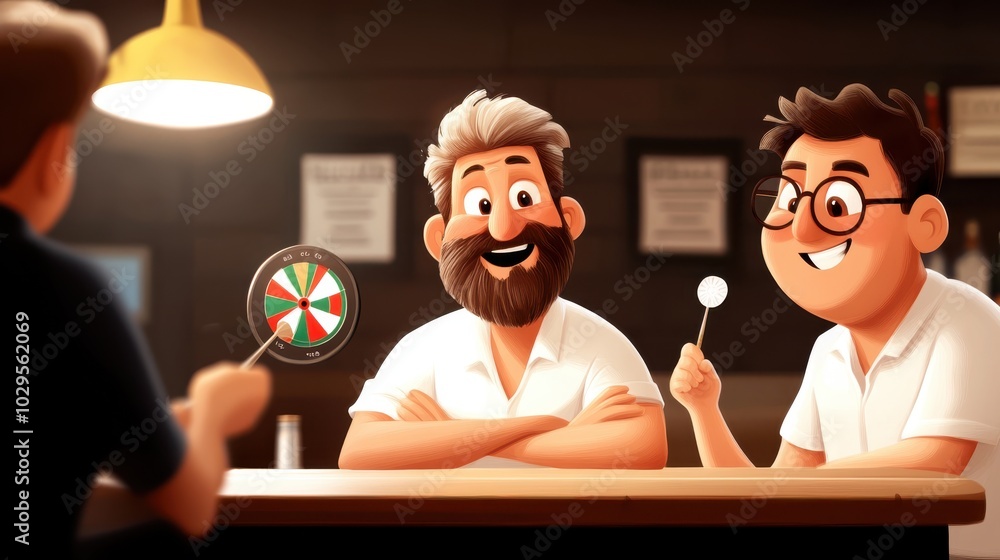 Two friends, depicted in animated style, share a darts game at a ...