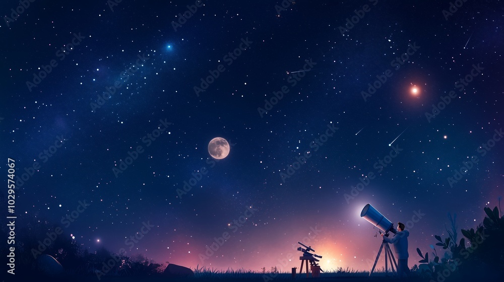 Starry night observation with a telescope under the vast cosmos filled ...