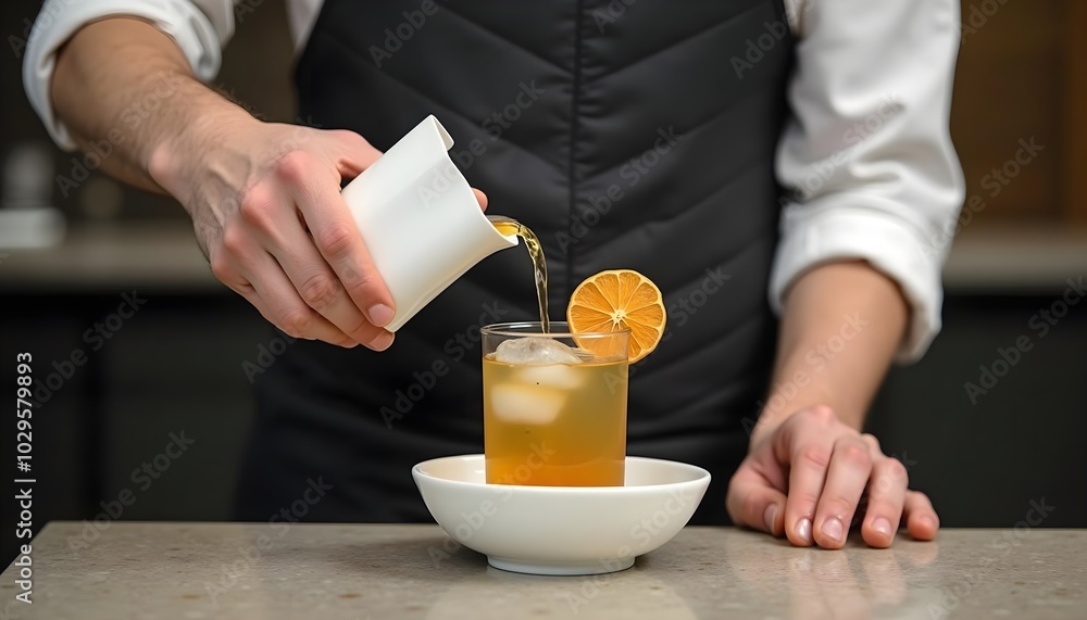 asian chef male pouring a tea from a white stand up pouch to a modern ...