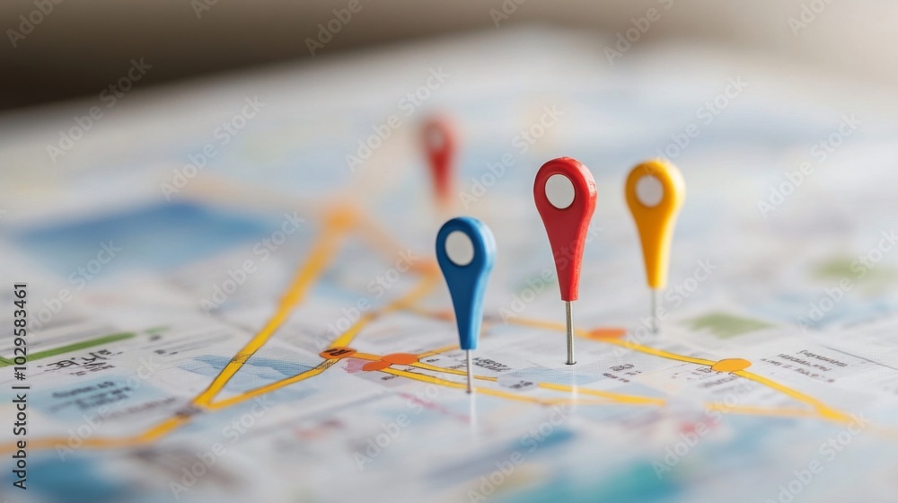 Detailed map featuring colorful location markers, highlighting specific ...