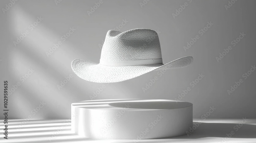 A floating white cowboy hat displayed elegantly on a circular pedestal ...