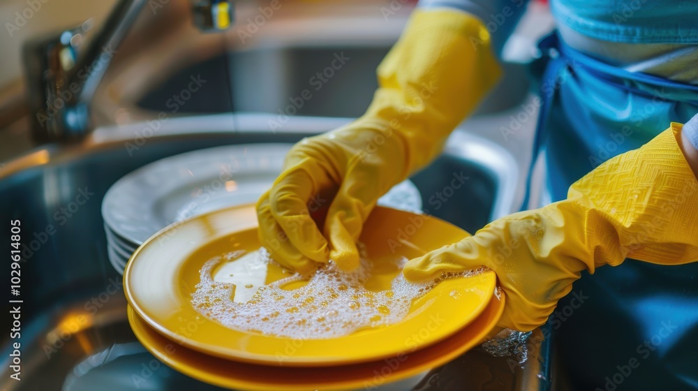 Gloved hand washing dishes in sink, maintaining cleanliness and hygiene ...