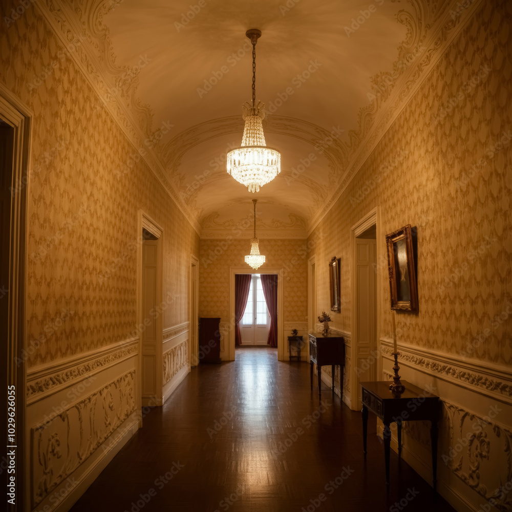 hall of a luxury home. corridor between rooms in an antique mansion ...