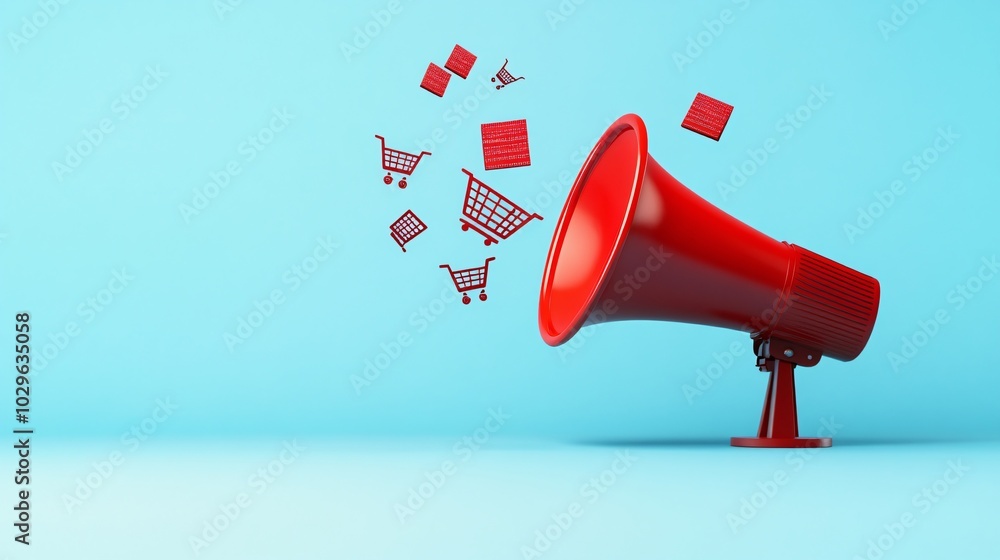 Red Megaphone with Flying Discount Percentages and Shopping Cart ...