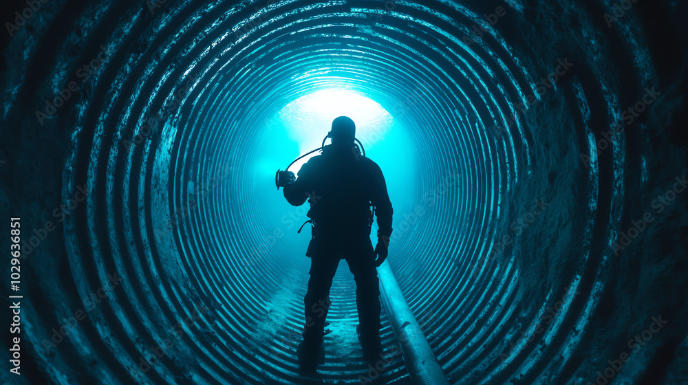 Silhouette of a diver inside a dark tunnel, illuminated by a bright ...