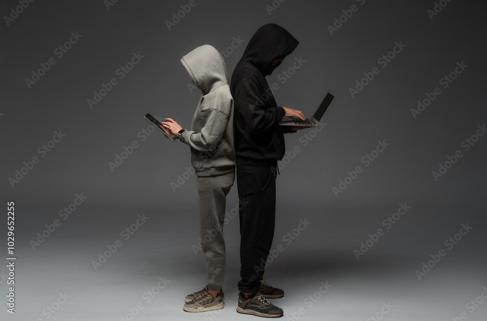 two hacker programmer persons with electronic devices stand in full ...