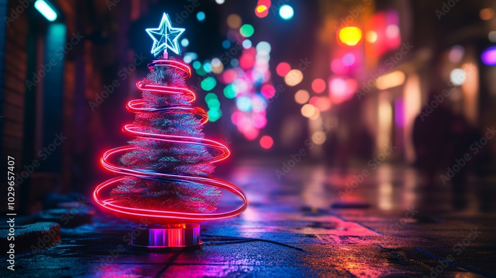 Vibrant neon Christmas tree illuminates a rainy city street, its ...