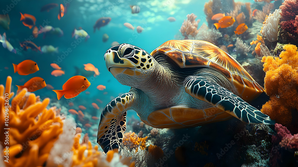 Sea Turtle Swimming Through Vibrant Coral Reefs with Colorful Fish ...