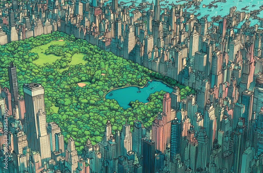 Cartoon drawing doodle map of Manhattan, New York City, NYC, top-down ...