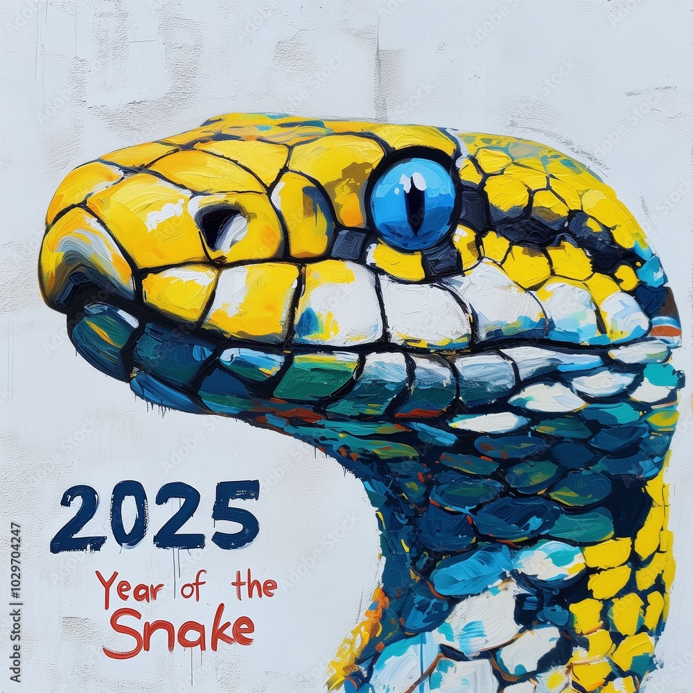 2025 Chinese new year of the snake with yellow scales and blue eyes ...