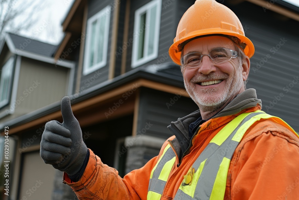 Cheerful construction worker in hard hat gives thumbs up in front of ...
