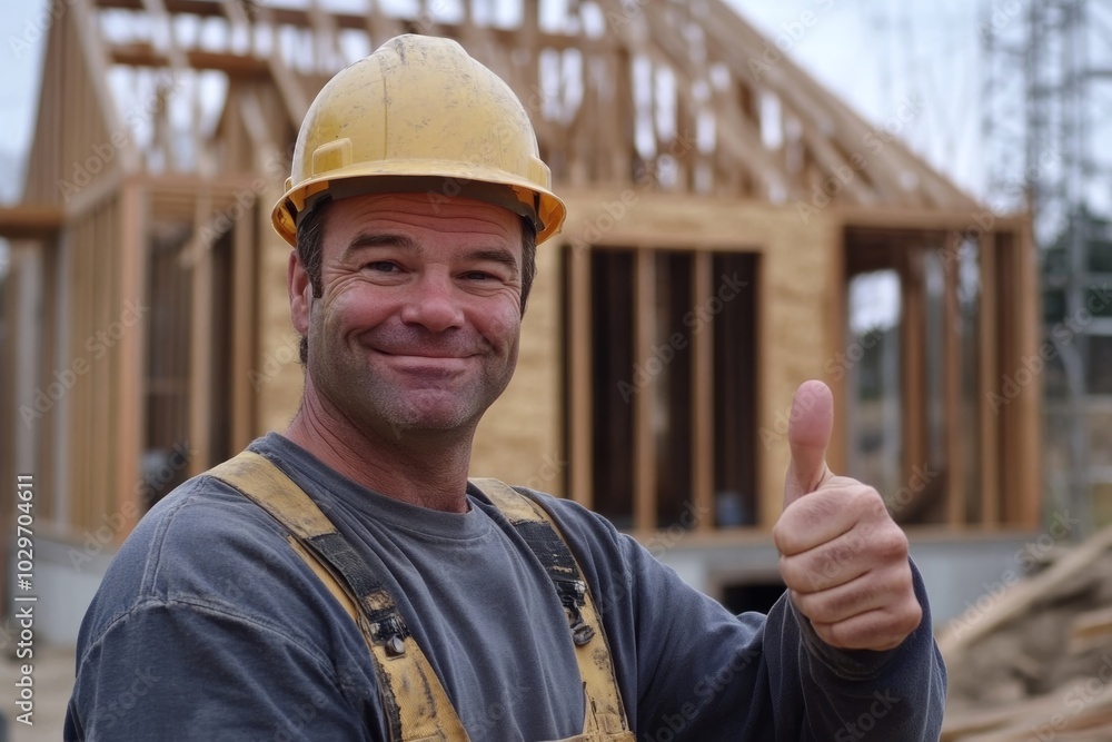 Cheerful construction worker gives a thumbs up in front of a newly ...