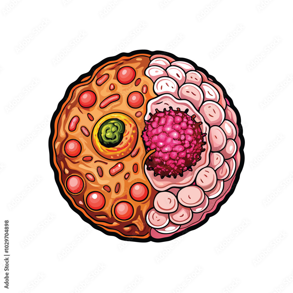 Illustrate the difference between a cancerous cell (1) and a normal ...