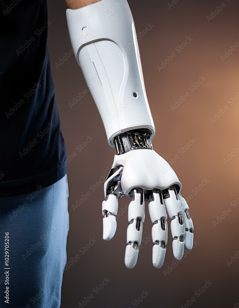 A detailed view of prosthetic arm in action, designed for full mobility ...