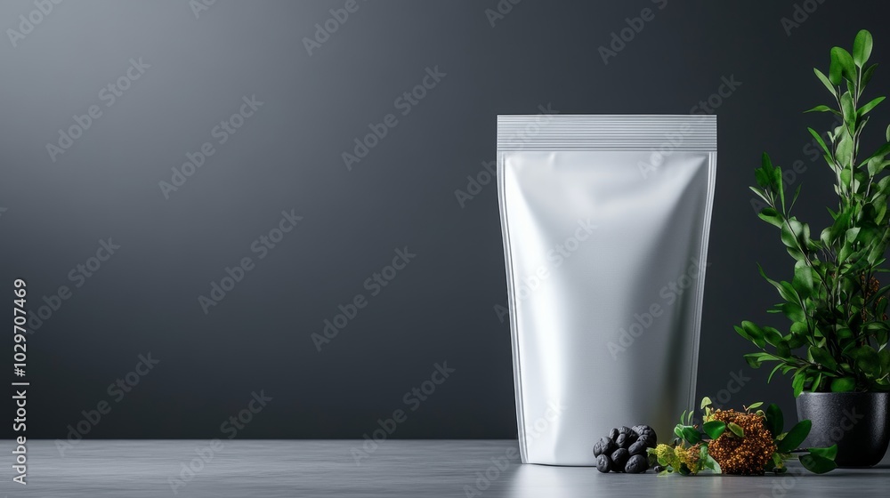 Photorealistic silver stand-up pouch, ziplock detail, clean gray ...