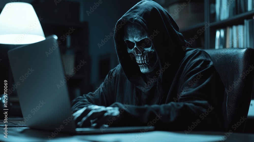 Financial fraud hacker dressed as a scary Grim Reaper, working on ...