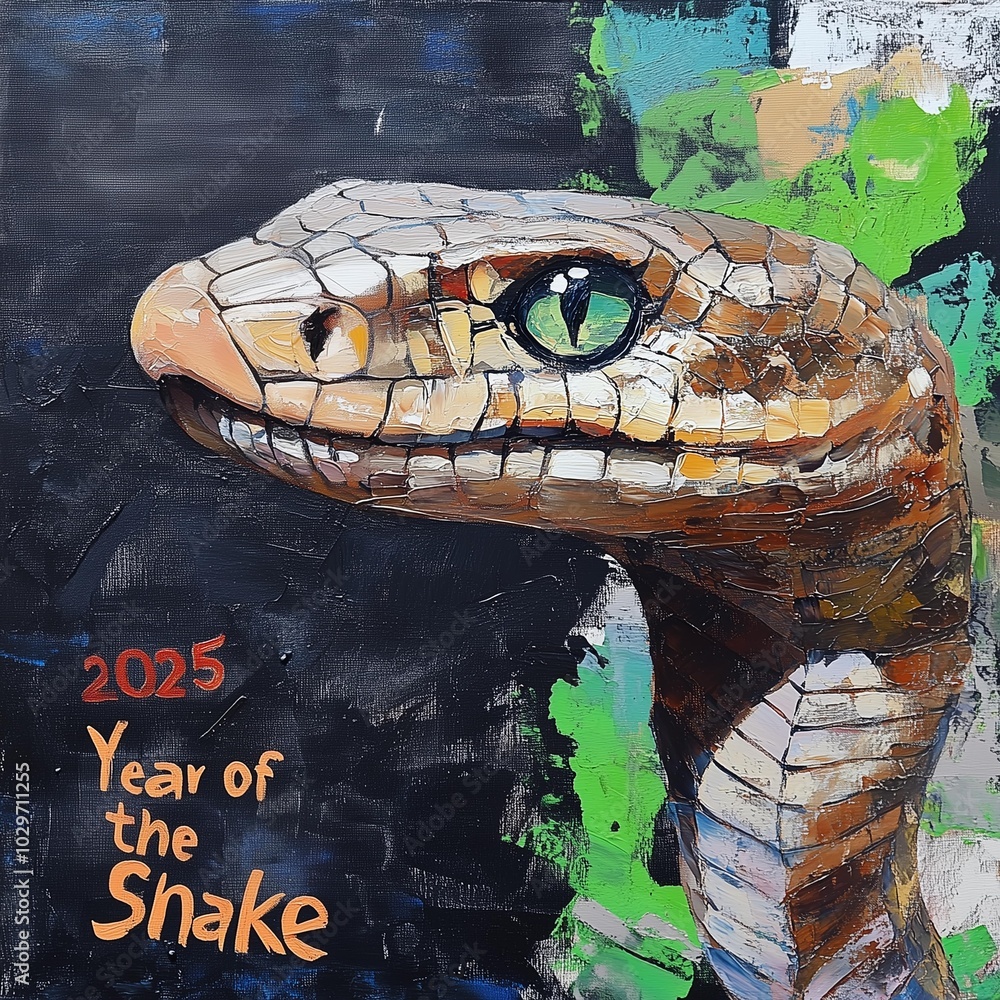 2025 Chinese new year of the snake with brown scales and green eyes ...