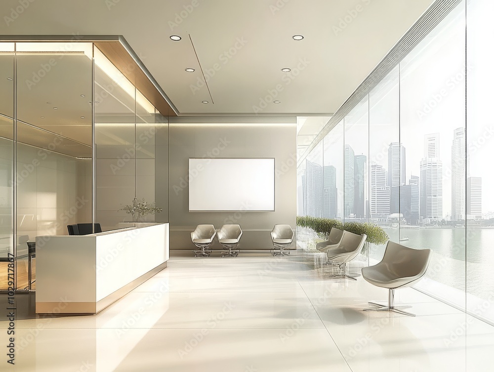 2408 59.A contemporary office interior with a reception desk in one ...