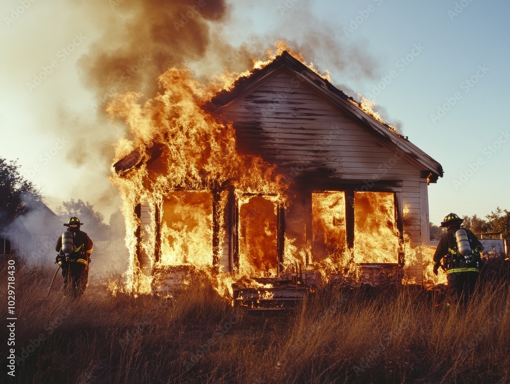 2408 31.A dramatic scene of local firefighters conducting a controlled ...