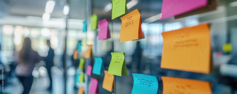 Group brainstorming session in a modern co-working hub, creative post ...