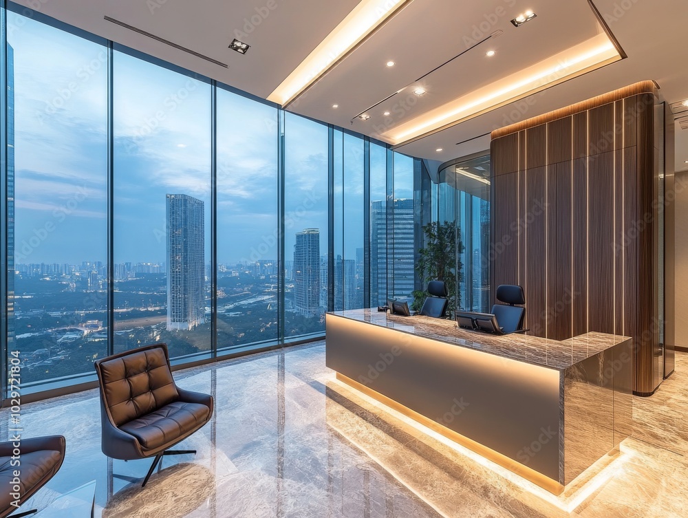 2408 57.A stylish office interior with a reception desk in one corner ...