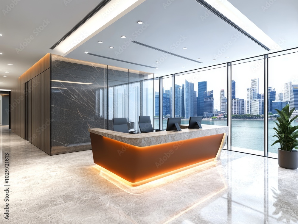 2408 57.A stylish office interior with a reception desk in one corner ...