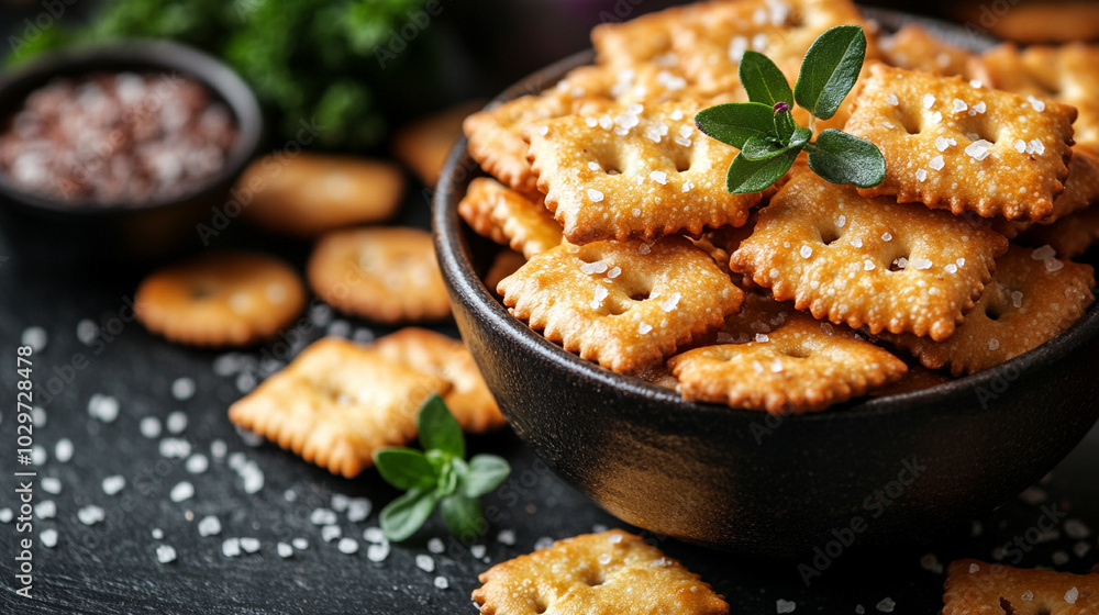 golden, crispy crackers scattered across a flat surface. Their twisted ...