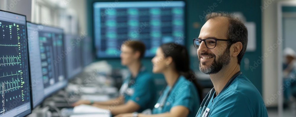 Hospital manager reviewing patient flow efficiency with a diverse team ...