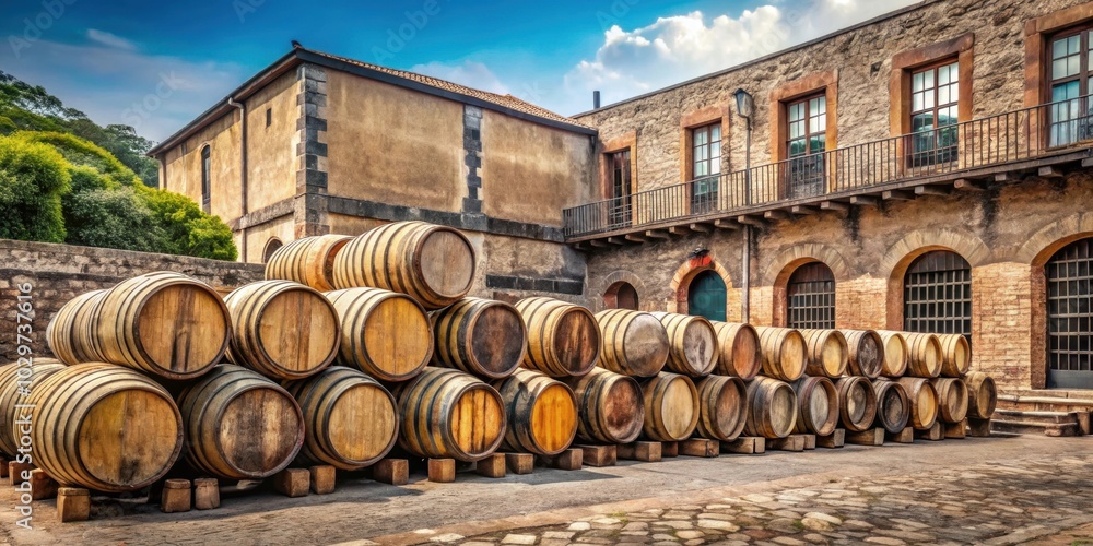 Side view of old tequila factory with barrels of alcohol in the yard ...