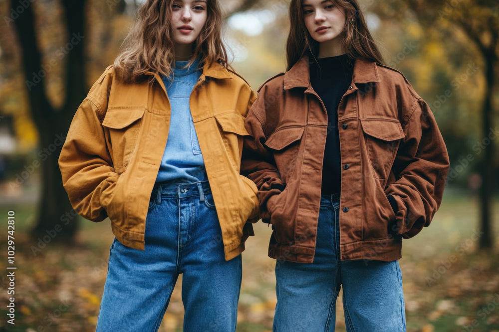Two women in jackets and jeans standing in the woods, holding hiking ...